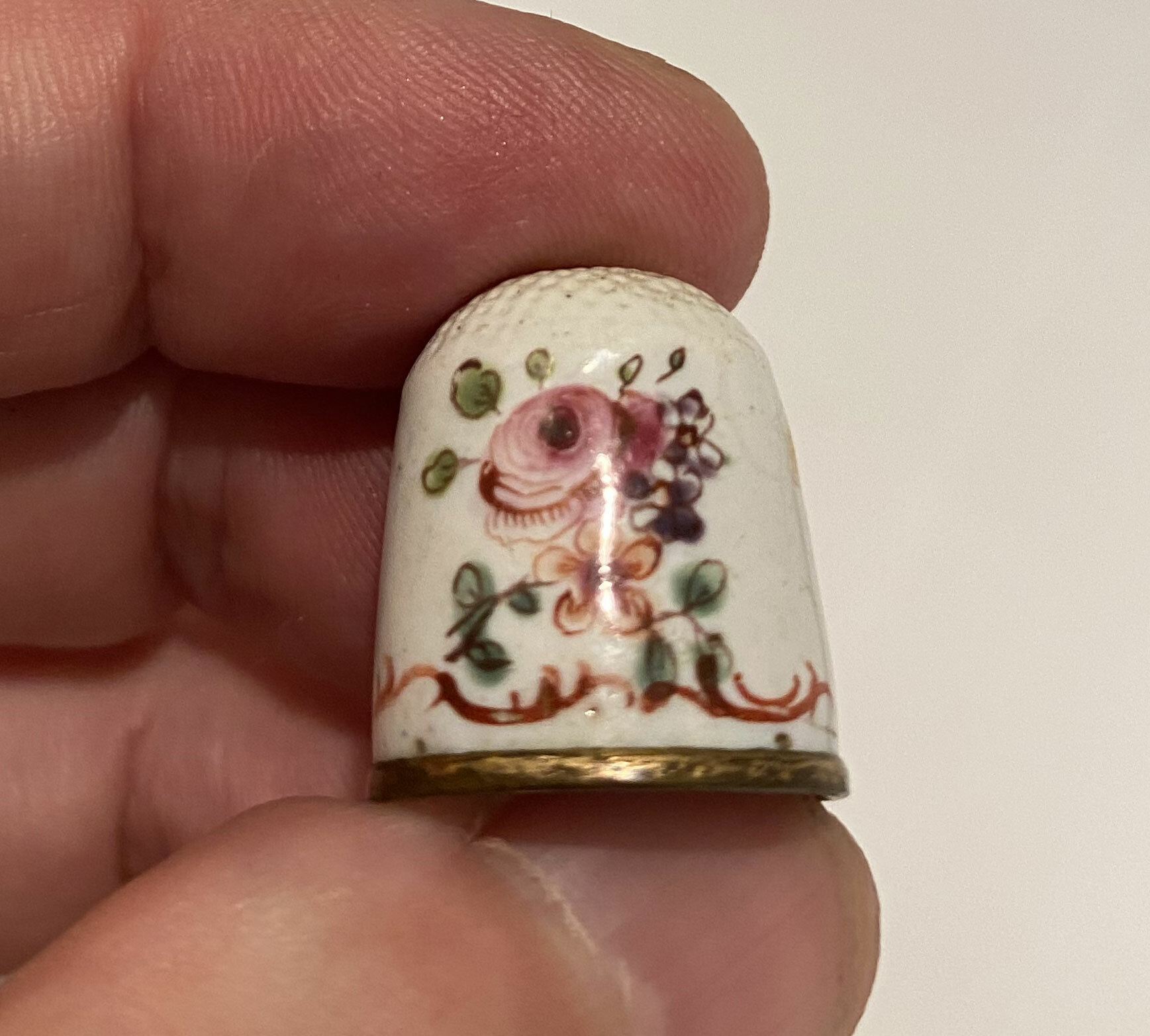Battersea enamel thimble with a metal border at the rim, 18th century ...